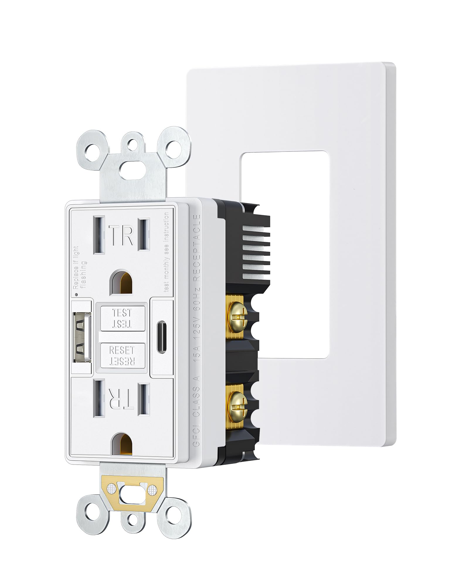 DEWENWILS 15A GFCI Outlet With 4.8A/24W USB-A & USB-C Ports, 30S Self ...