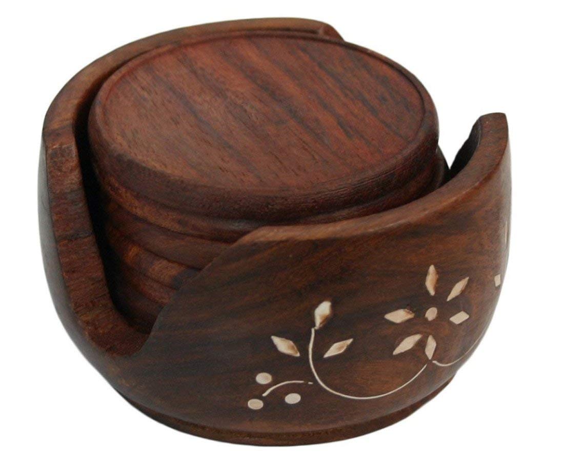 Buy MODERN ARTISAN Wooden Round Drink Coasters Set of 6 with Decorative ...