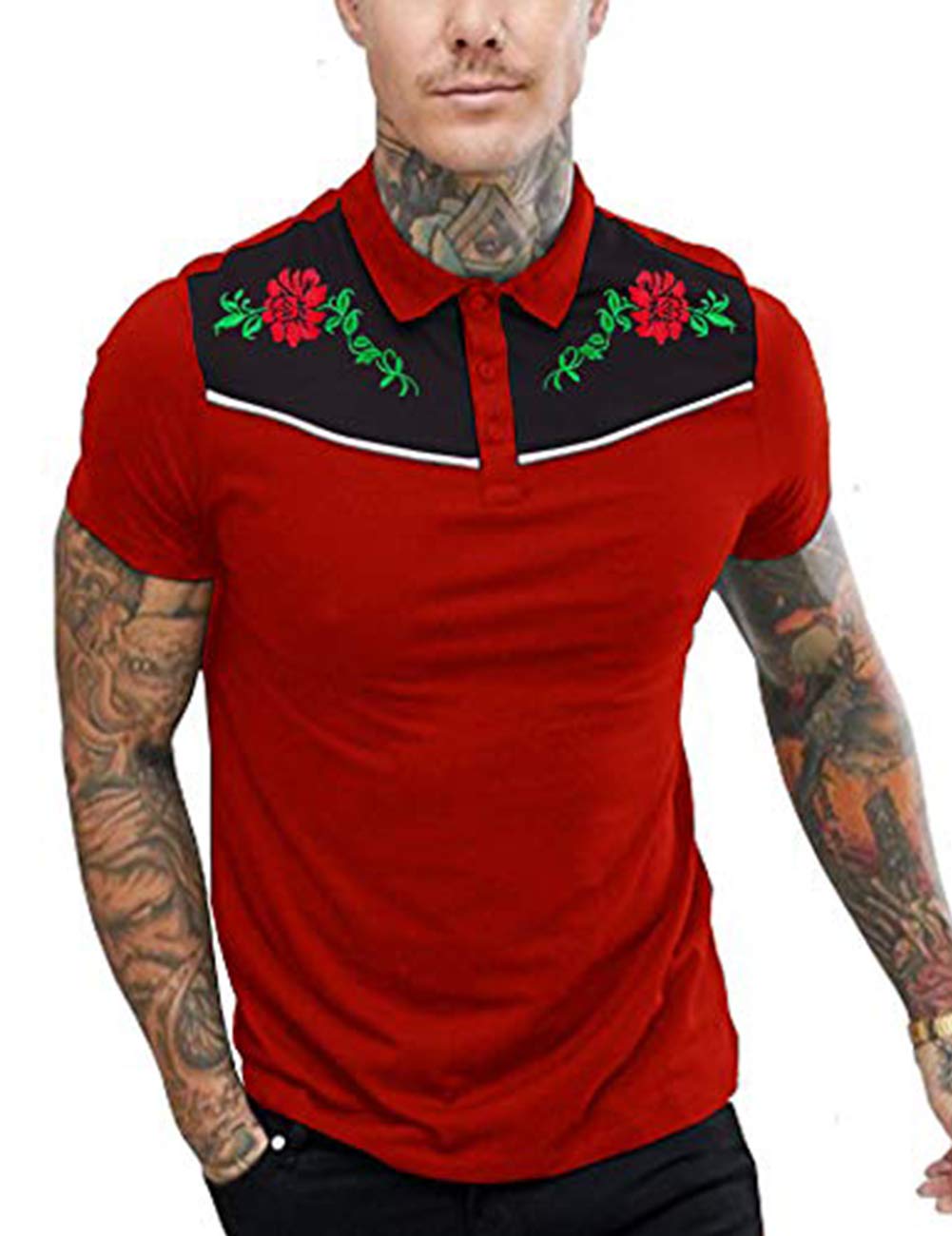 COOFANDY Men's Short Sleeve Polo Shirts Rose Floral Embroidery Casual ...