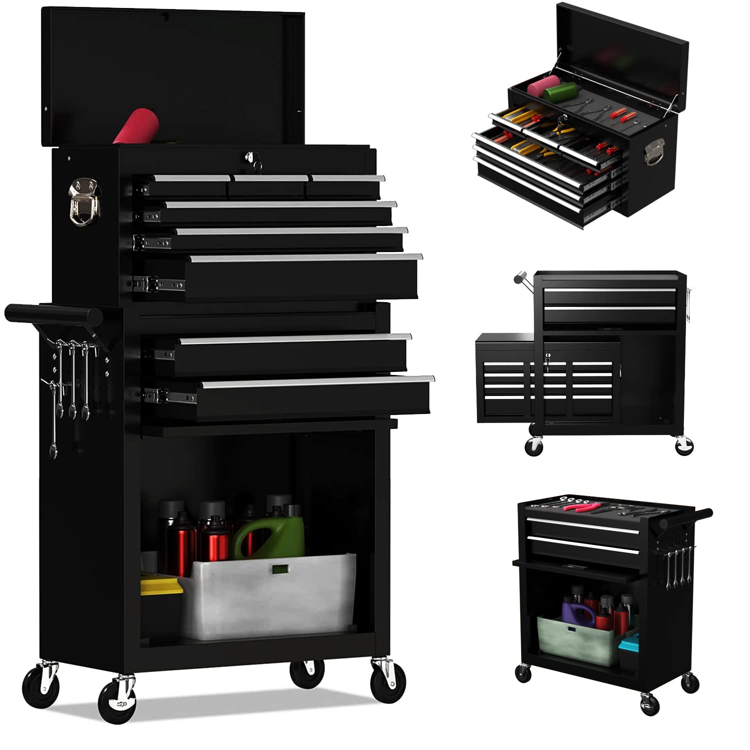 DUSACOM 8-Drawer High Capacity Rolling Tool Chest, Removable Cabinet ...