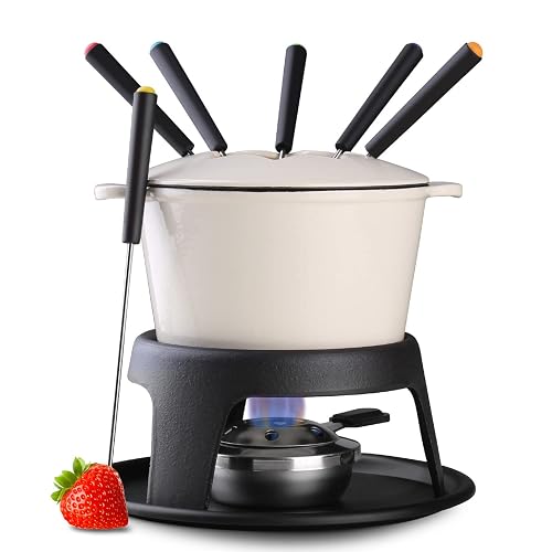 Artestia Cast Iron Fondue Pot Set for Chocolate Cheese Swiss Fondue Set ...