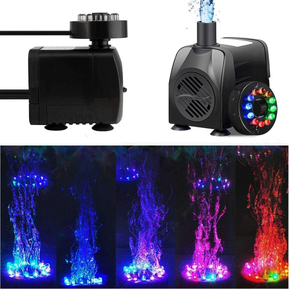 12LED Fountain Pump,Ultra-Quiet Submersible Water Pump (800L/H 15W) for ...