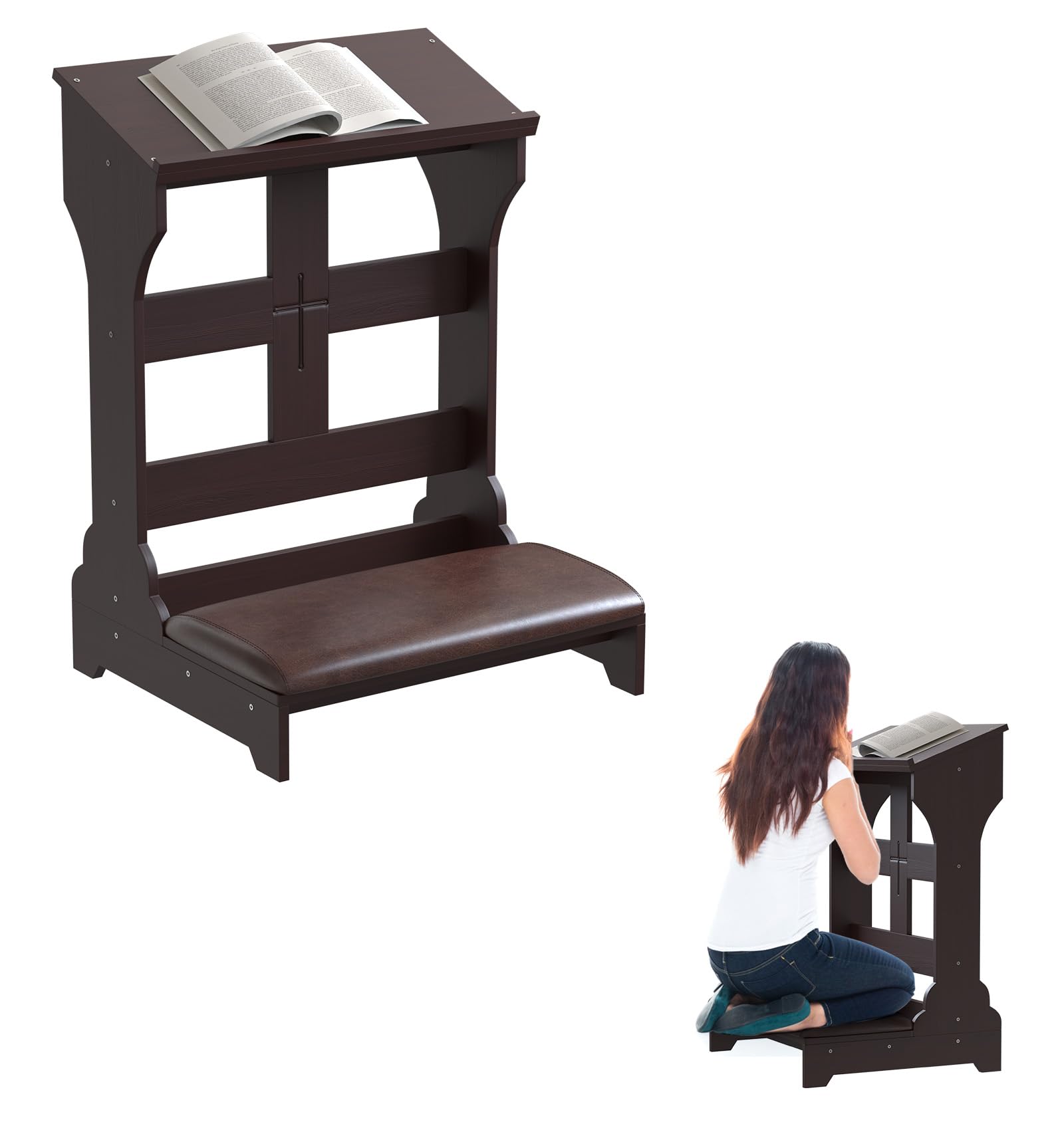 ikare Prayer Bench Stool, Wooden Prayer Kneeler with Shelf and Cushion ...