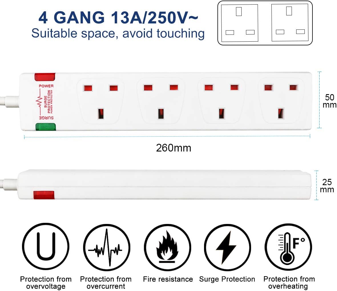 ExtraStar 2 Way Double Socket Power Mains Extension Lead 1M Metre Cable ...