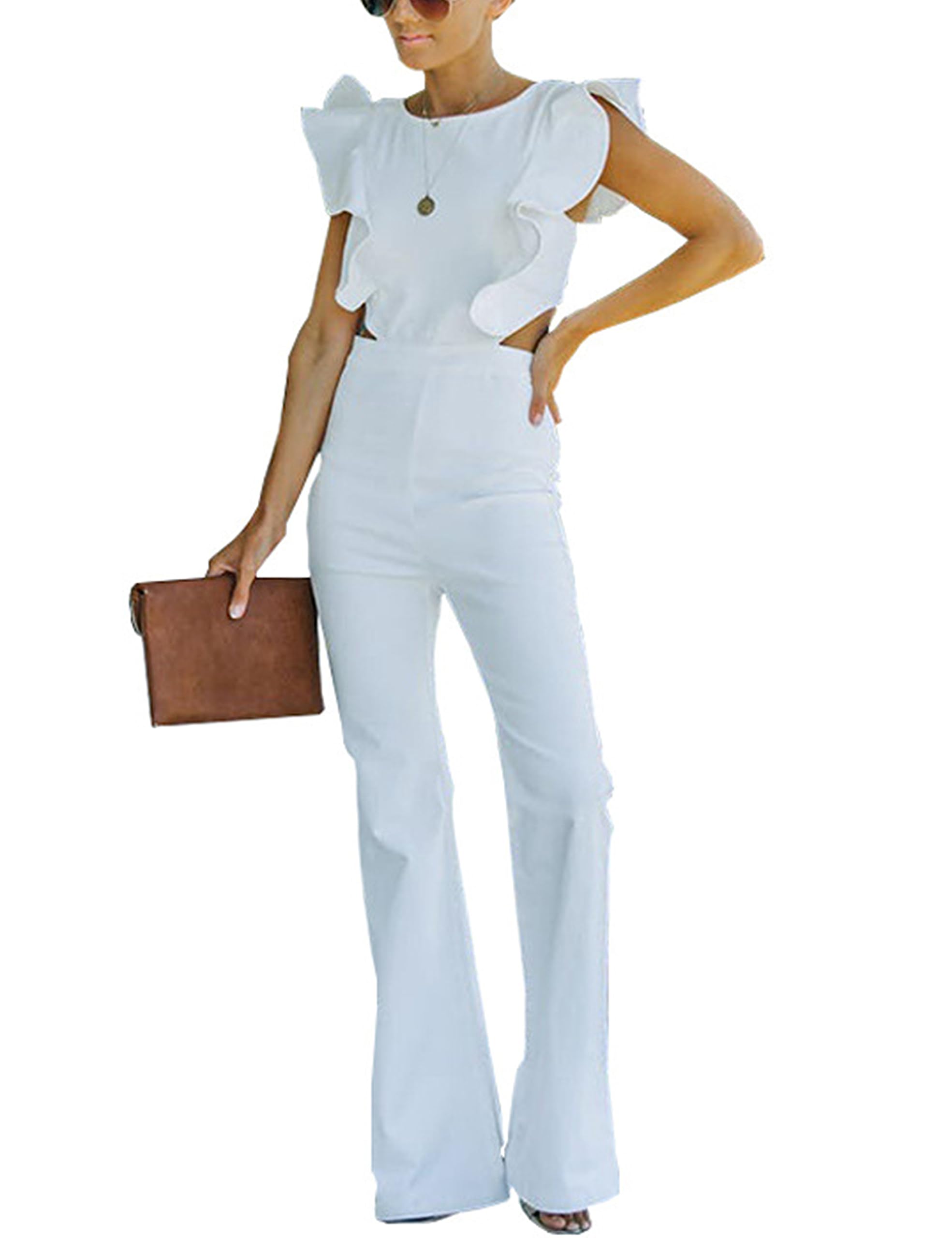 Omoone Womens Flared Denim Overalls Jumpsuit Ruffle Sleeves Backless ...