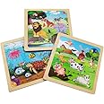 Amazon.com: Wooden Jigsaw Puzzle Set of 3 pcs, Farm Jungle and Sea ...