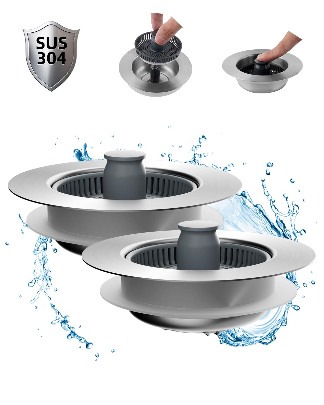 Hibbent 2 Pack Upgraded 3 in 1 Kitchen Sink Drain Strainer and Stopper ...
