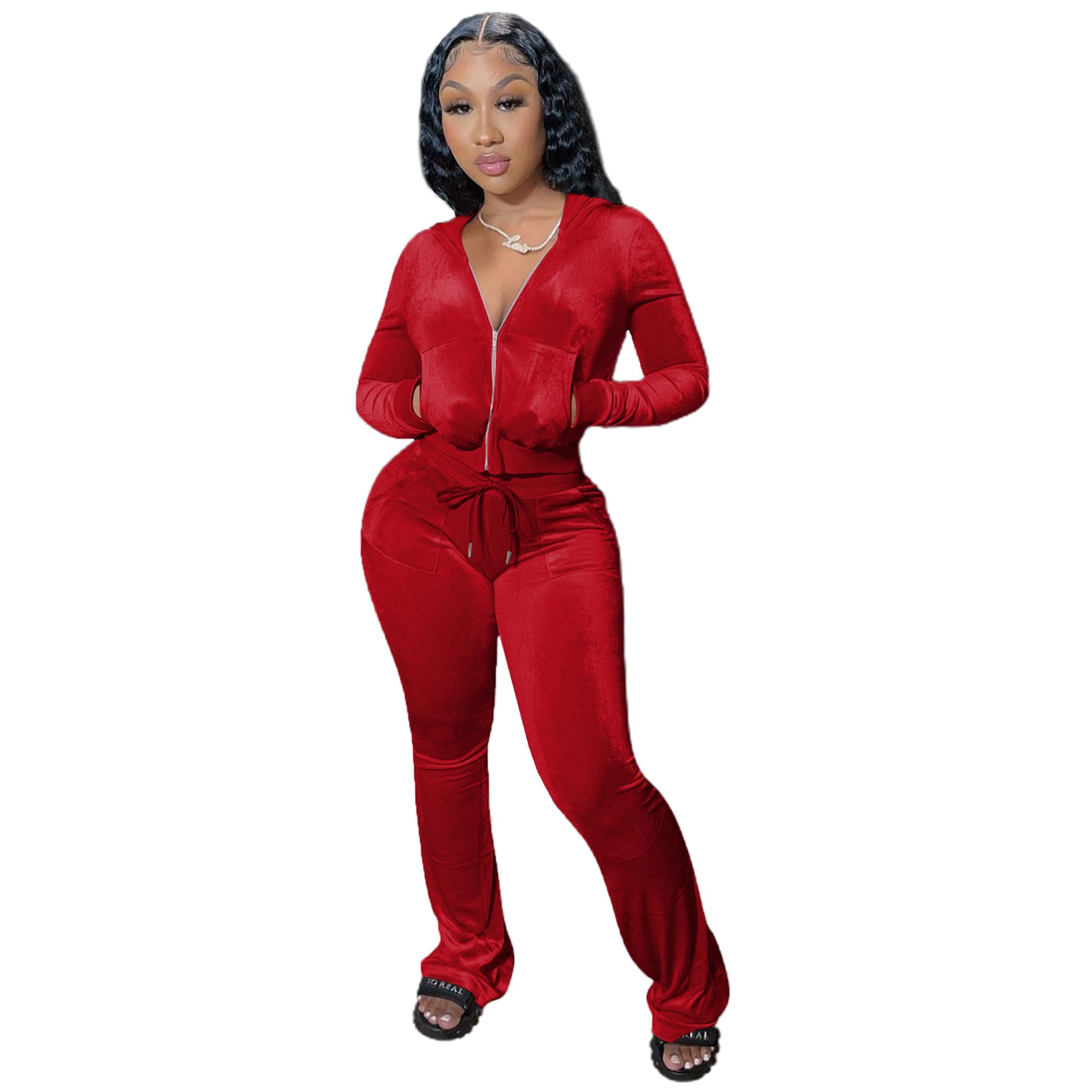 Womens 2 Piece Velour Hoodie Jogger Tracksuit Two Piece Outfits for ...