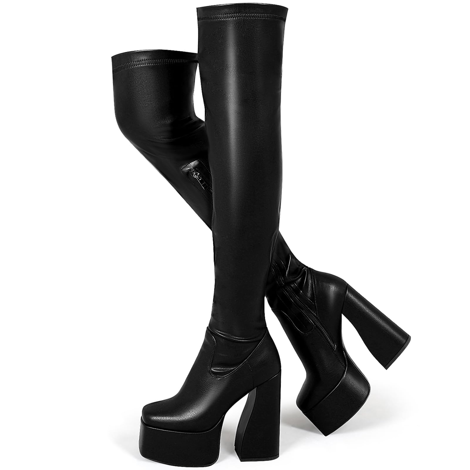 LanreyTaley Platform Thigh High Boots for Women Chunky Block Heels Over ...