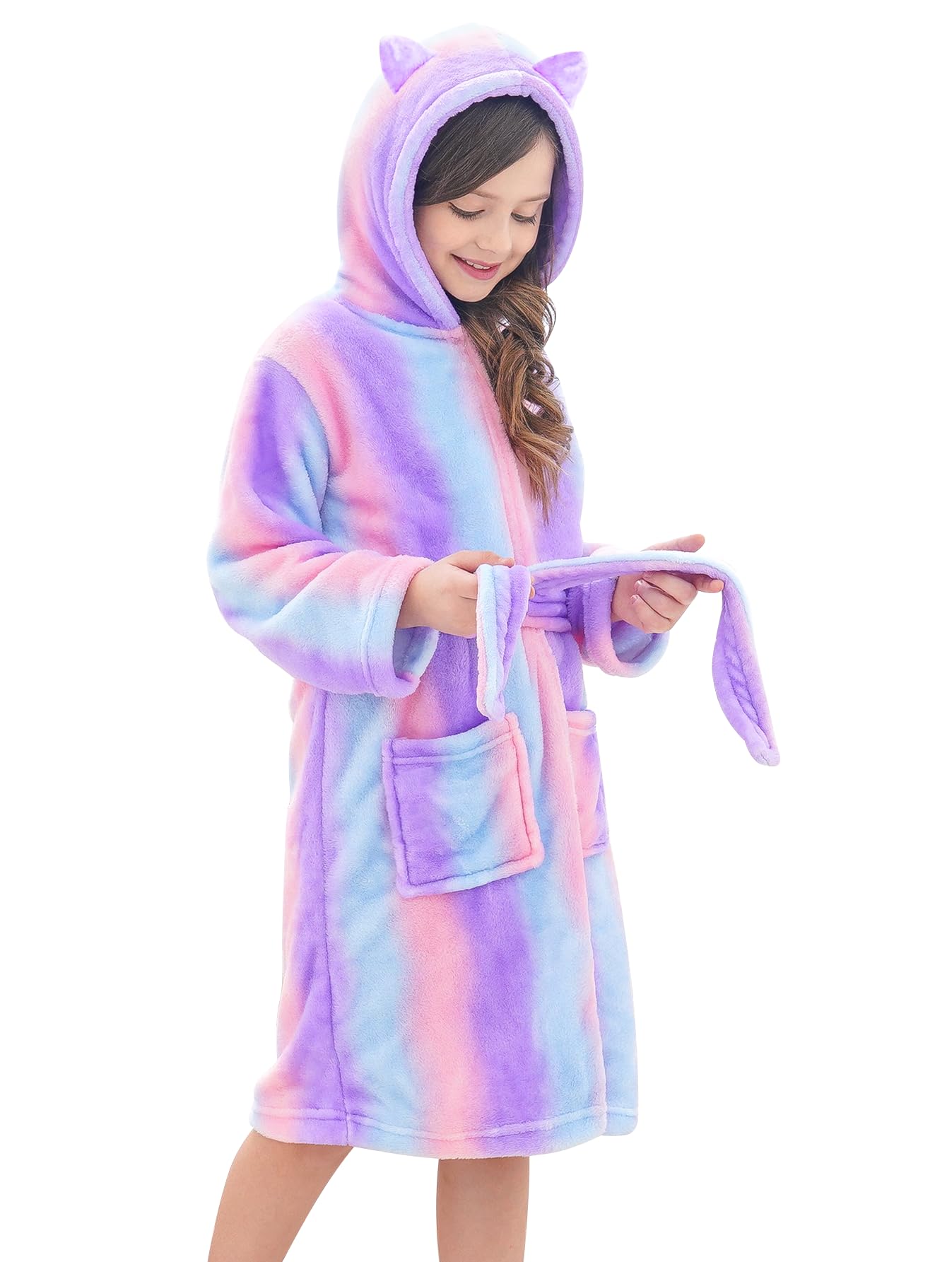 Doctor Unicorn Girls Leopard Cat Robe Kids Fleece Warm Hooded Bathrobe ...