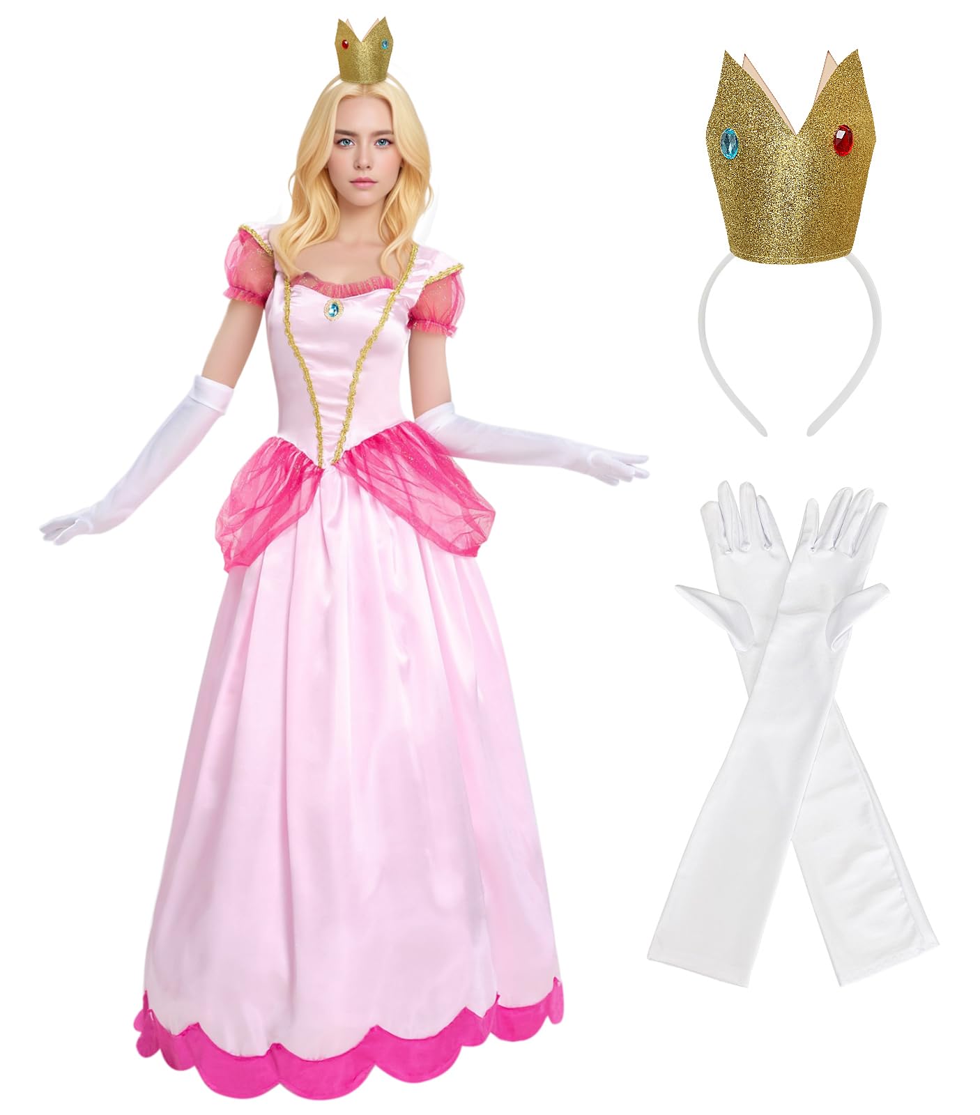 Princess Peach Costume Women Halloween Cosplay Adult Pink Dress Outfit ...