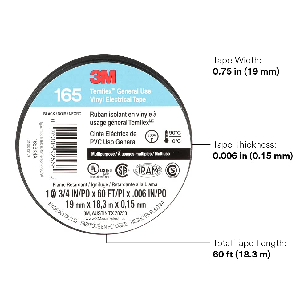 3M Temflex Multi-Purpose Vinyl Electrical Tape 165, Black, 3/4 In X 60 ...