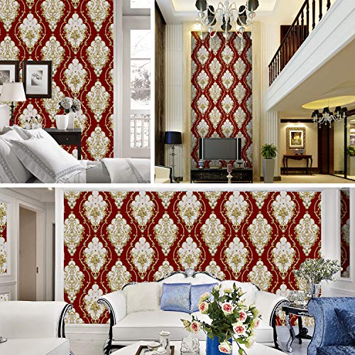 JZ·HOME JZ26 Crimson Red Luxury Damask Wallpaper Rolls, Metal Lace ...