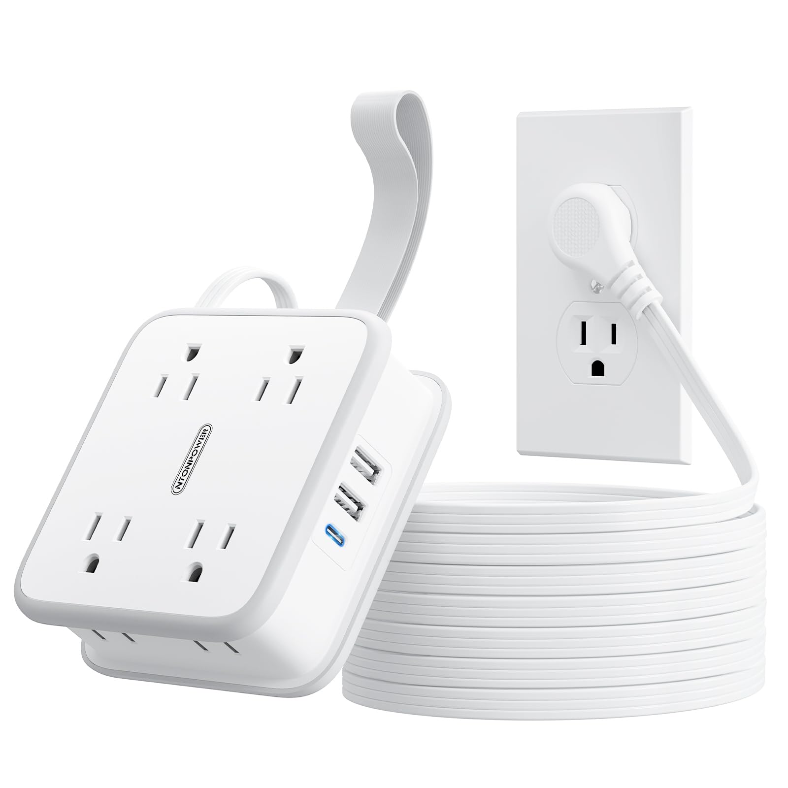 Flat Extension Cord 10 FT, Power Strip with 8 Widely Outlets 3 USB ...