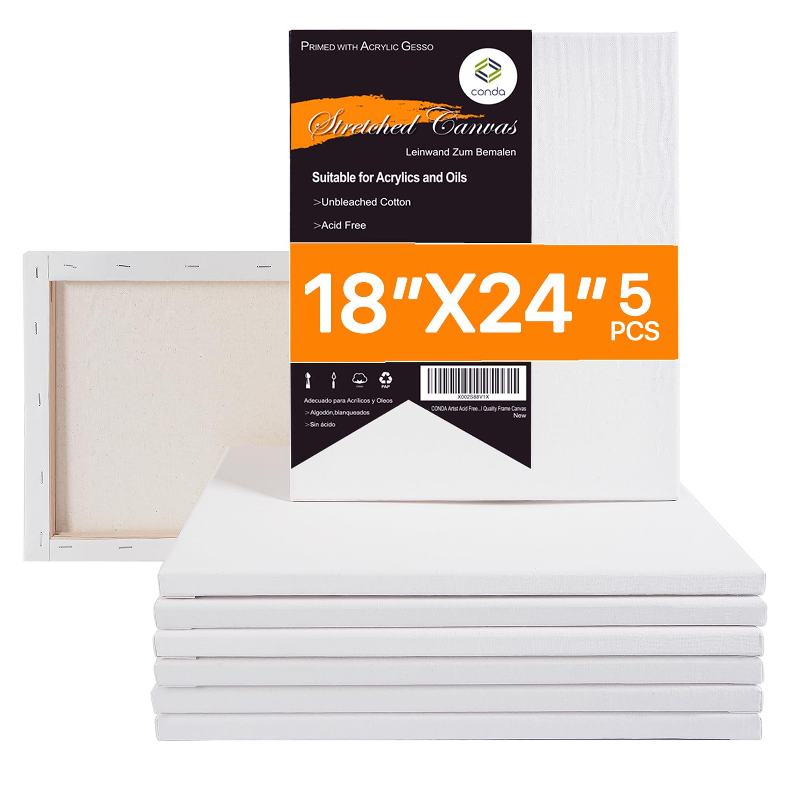 CONDA 18x24 inch Stretched Canvas for Painting, 5 Pack Large Canvas ...