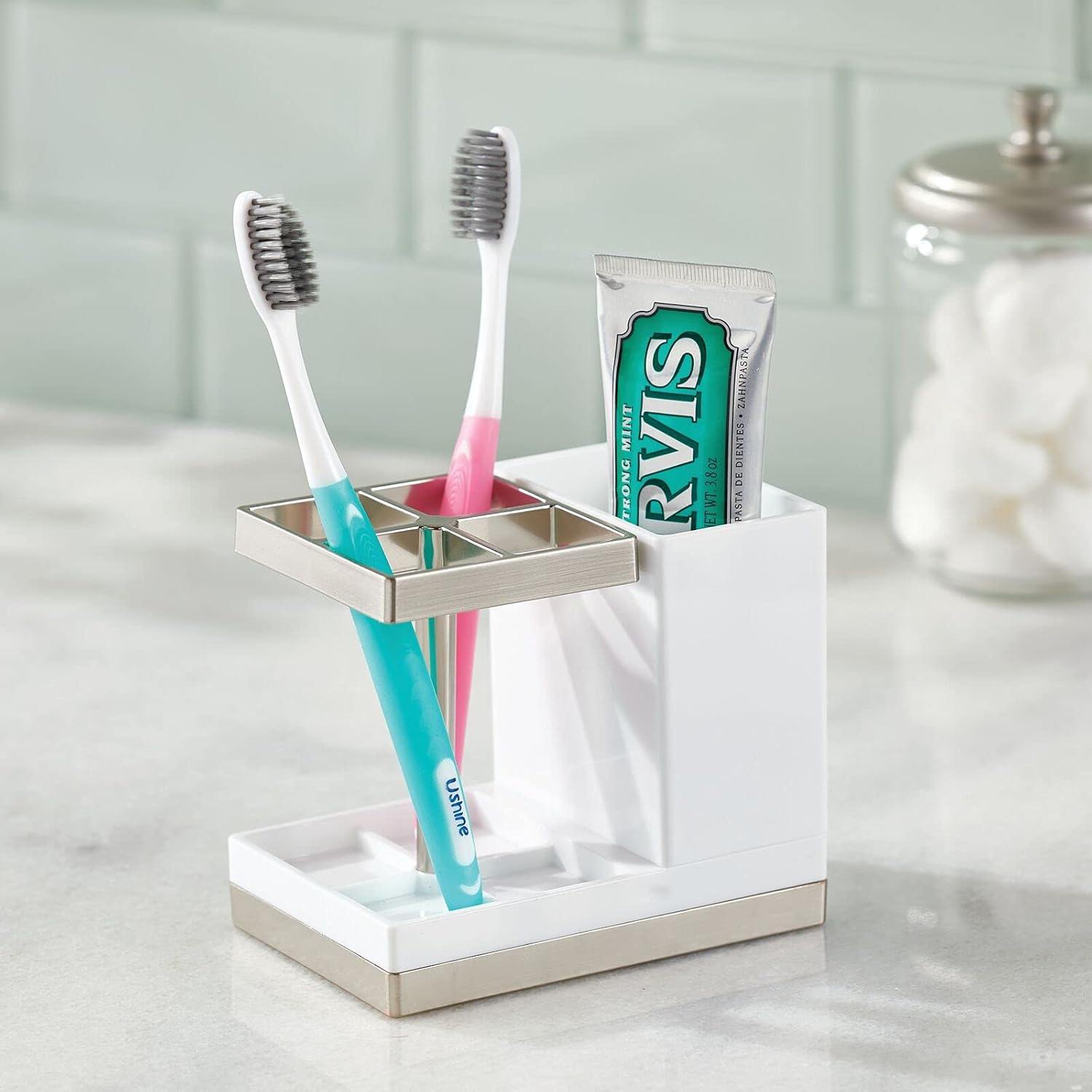 mDesign Free-Standing Toothbrush Holder – Toothbrush Stand with ...