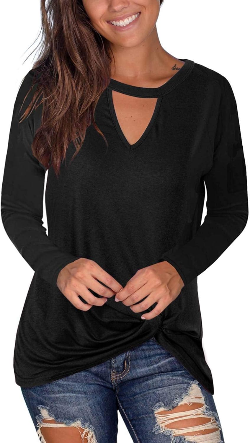 Women's Keyhole Front Long Sleeve Shirts Blouses Cute Twist Knot Tunic ...