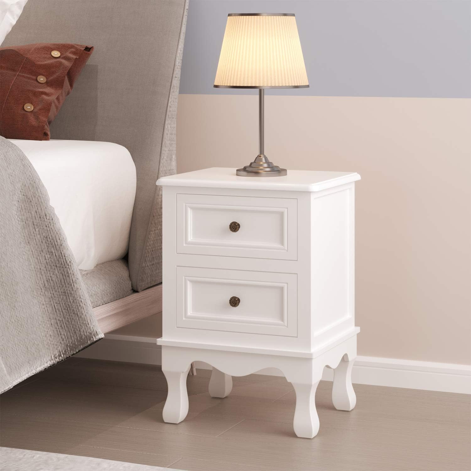 Lot de 2 Tables de Chevet Bois Blanc, 2 Tiroirs Table de Nuit ...