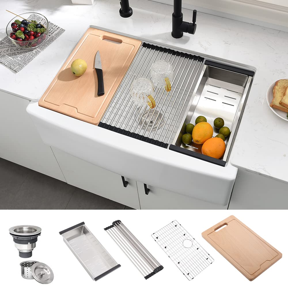 33 Inch Fireclay Farmhouse Sink Workstation-Hovheir 33x21 Apron Front ...