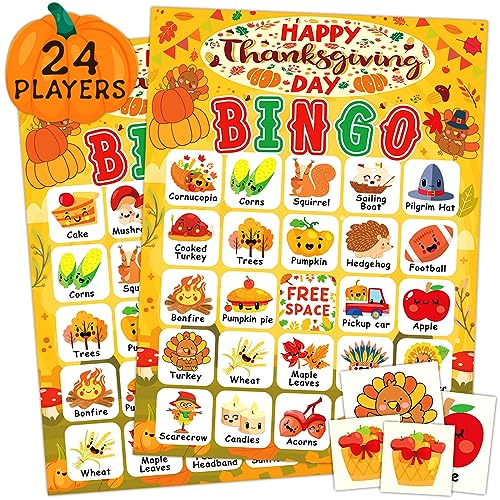 24 Players Thanksgiving Bingo Cards, Thanksgiving Bingo Game for Kids ...