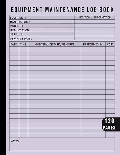Equipment Maintenance Log Book: Daily Equipment Repairs and Preventive ...