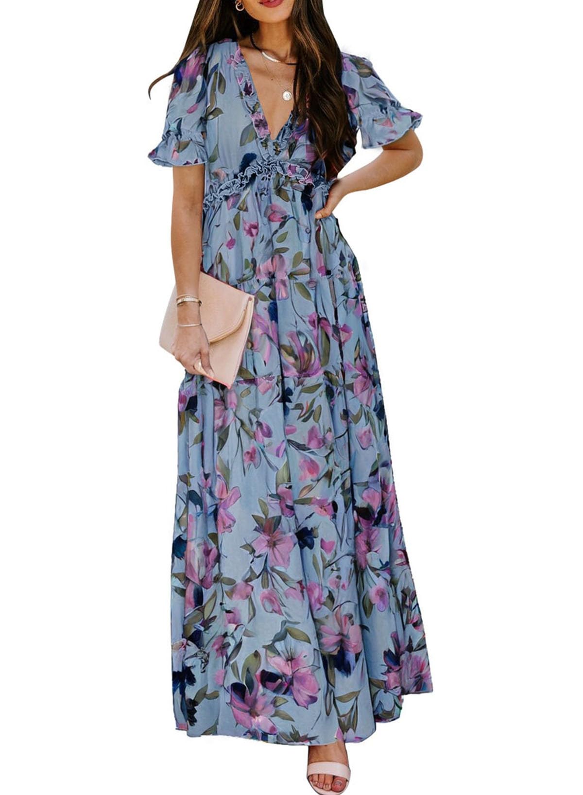 BLENCOT Women's Casual Boho Floral Printed Deep V Neck Loose Short ...