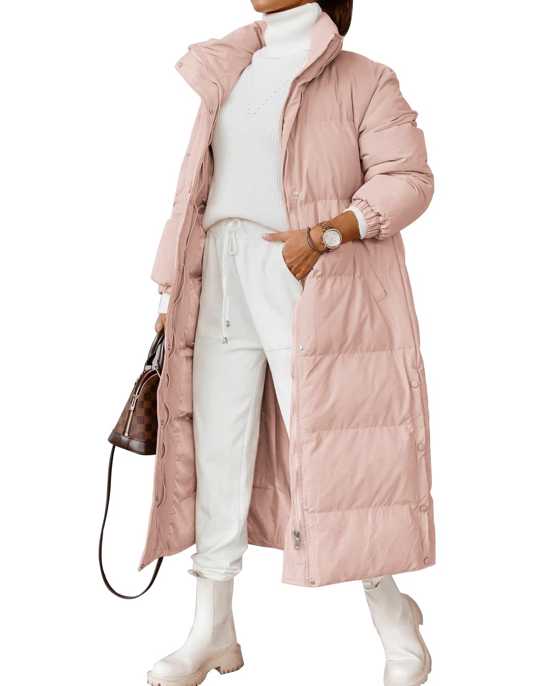 Zwurew Pink Puffer Jacket Quilted Lightweight Long Coat Women Zip Up ...
