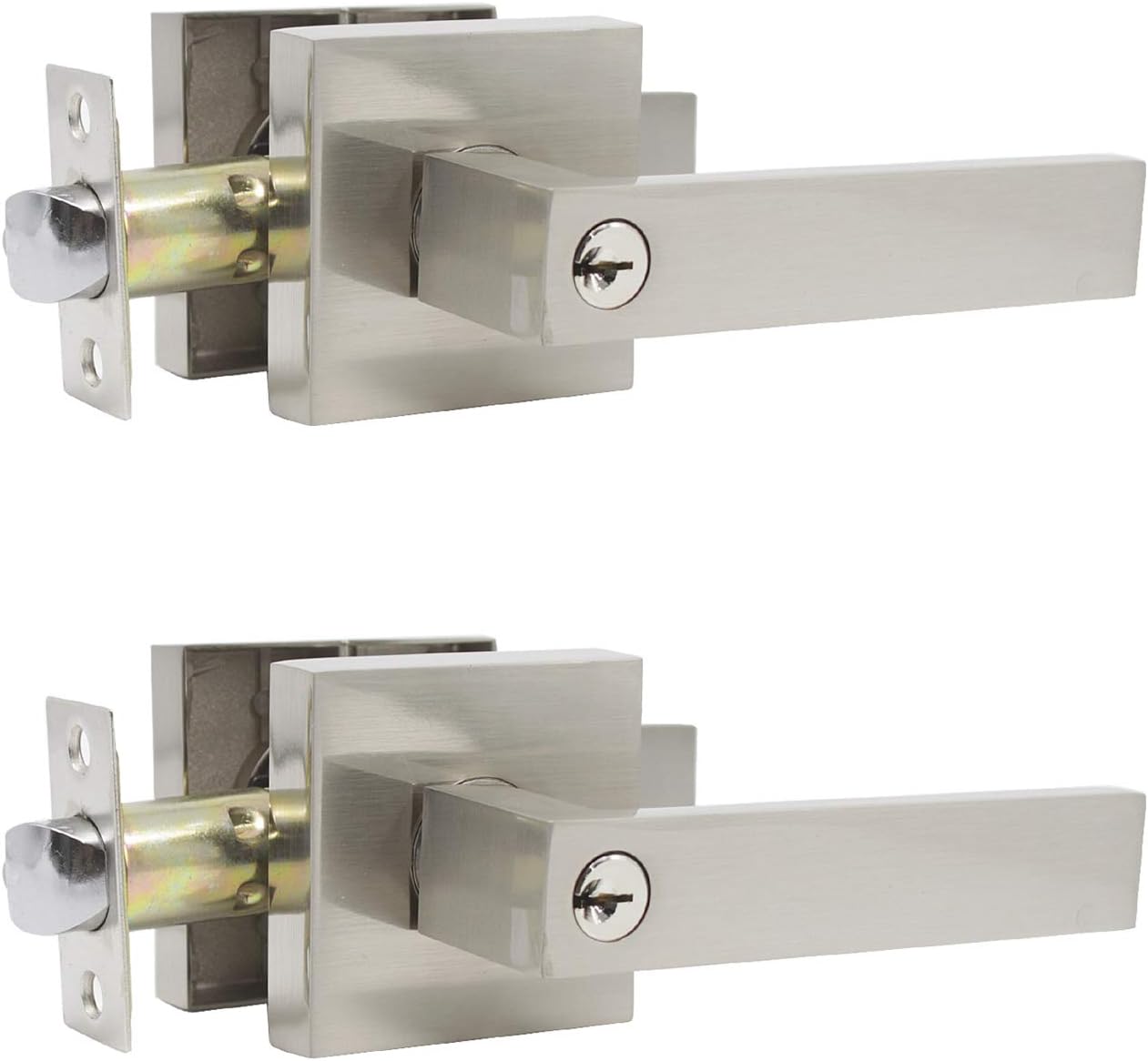 Probrico Satin Nickel Keyed Entry Door Levers, Square Door Handles for ...