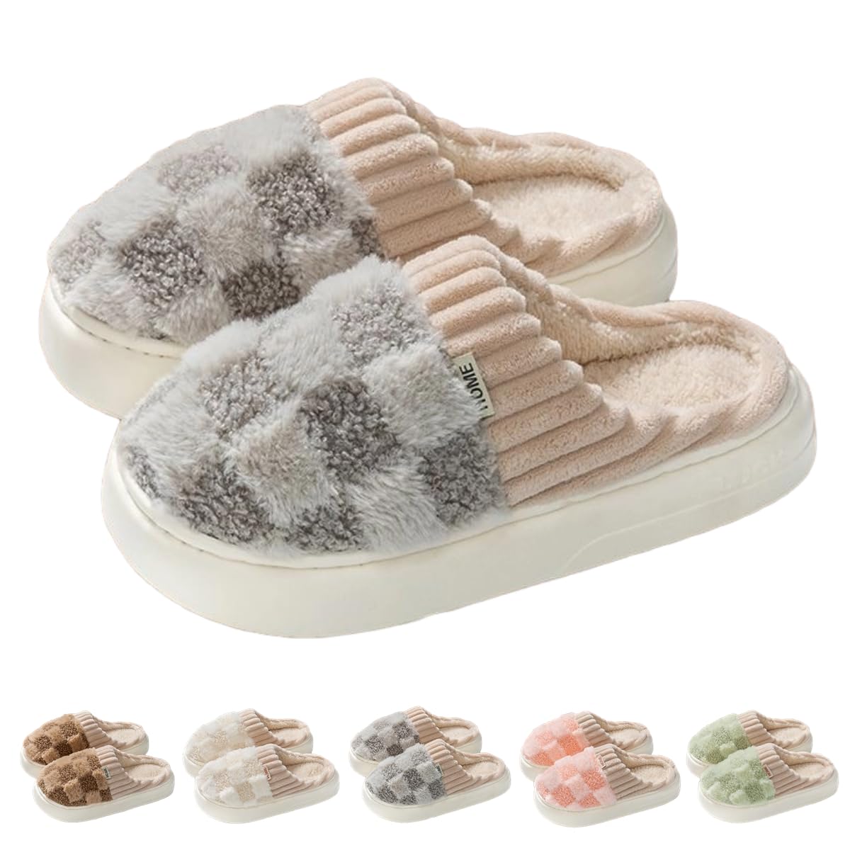VTTDB Checkered Slipper House Slippers for Women Men Plush Warm Fuzzy ...