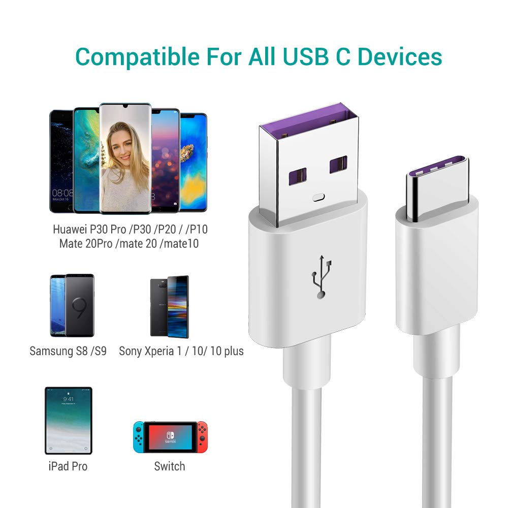 Blanco GlobaLink Cable USB Tipo C 5A,2 Pack 2M USB C Cable Carga Rapida Super Charge para Huawei ...
