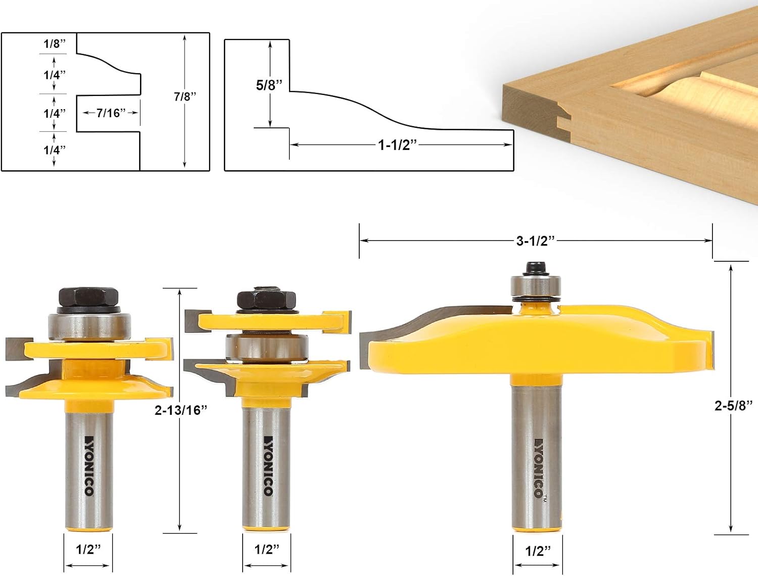 Yonico 12337 Ogee 3 Bit Raised Panel Cabinet Door Router Bit Set 1/2 ...