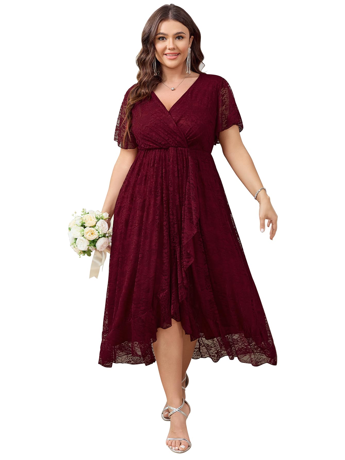 SCOMCHIC Womens Plus Size Wedding Guest Dress Formal Lace Wrap V Neck ...