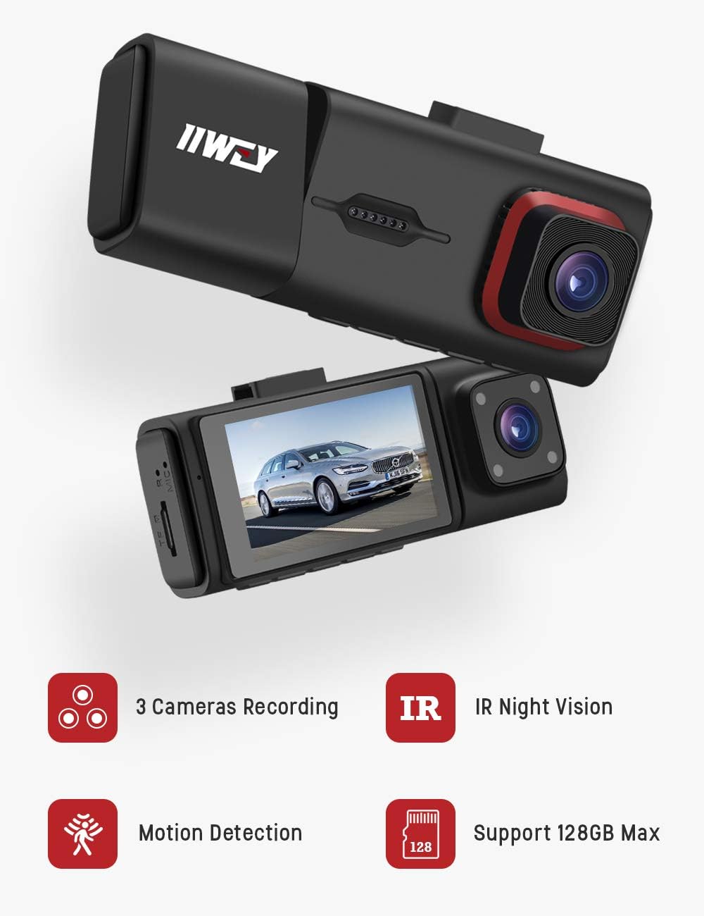 3 Channel Dash Cam with IR Night Vision, IIWEY Full HD 1080P Front ...