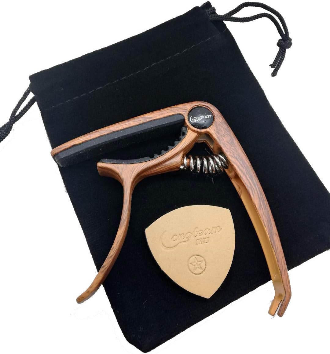 Capo Set with Leather Plectrum and Velvet Pouch in Wood Effect for ...