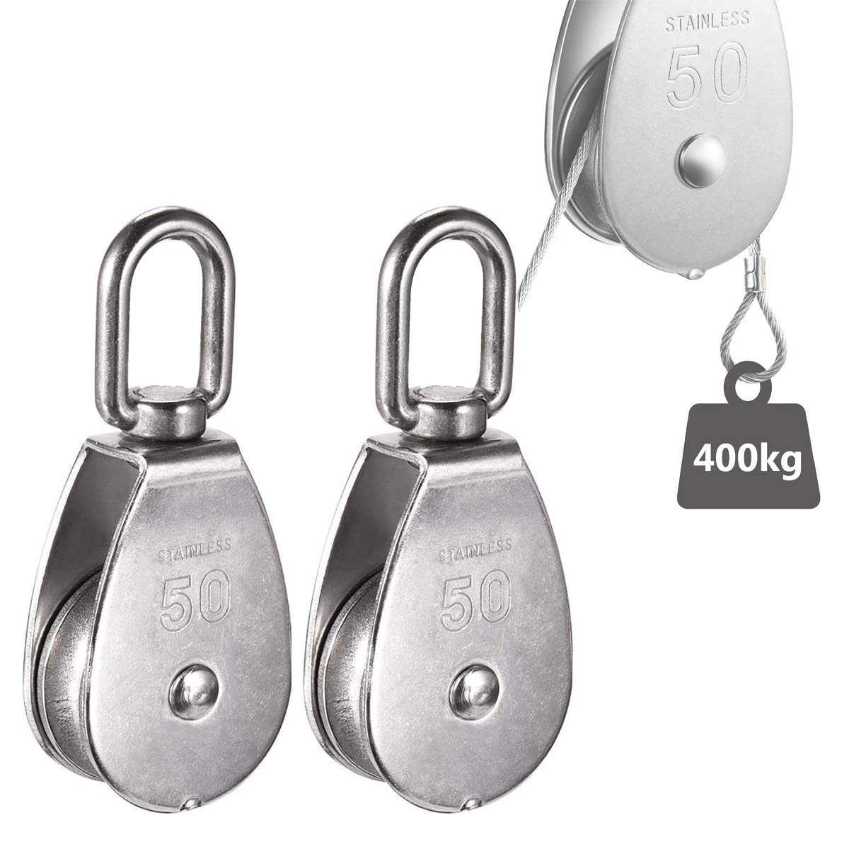 2Pcs M50 Single Pulley Block Heavy 304 Stainless Steel Pulley 400Kg ...