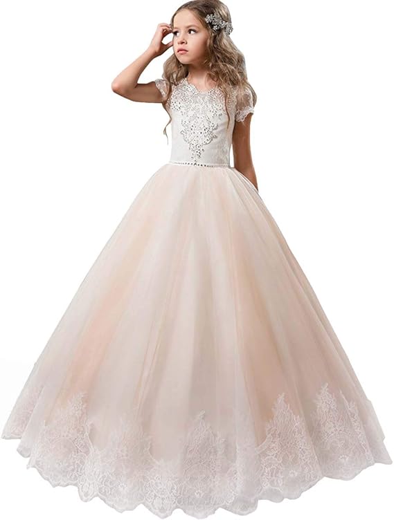 OBEEII Robe de Bal à Manches Courtes avec Tutu en Dentelle pour Fille ...