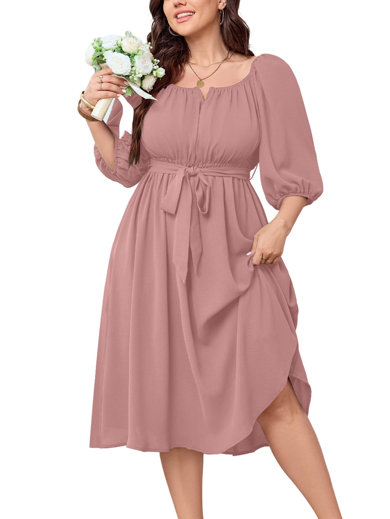 BLACK SCOMCHIC Women Plus Size Midi Dresses Puff Short Sleeve Square Neck Wedding Guest Elegant ...