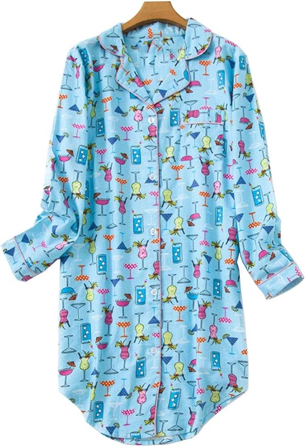 CHUNG Women Nightshirt Long Sleeve Button Up Ladies Checked Sleep Shirt ...