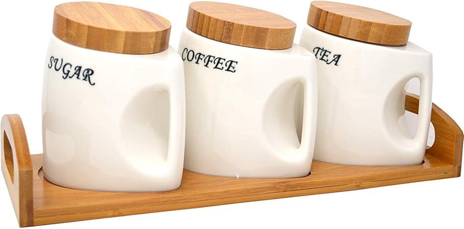 Canister Set with Handle Coffee Tea Sugar Ceramic Wooden LID Kitchen ...