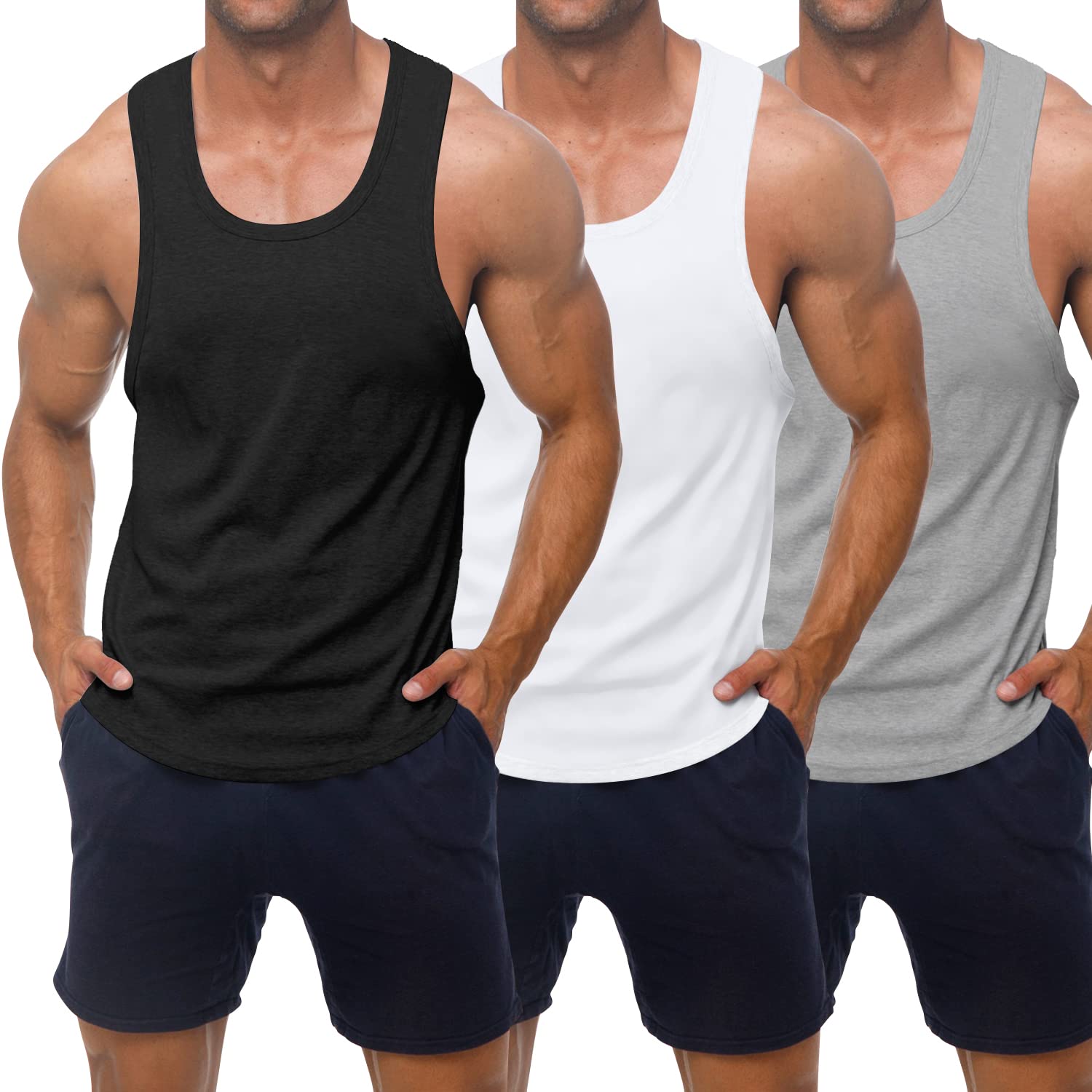 KAWATA Men's 3 Pack Dry Fit Workout Tank Top Gym Muscle Tee Fitness Bodybuilding Sleeveless T ...