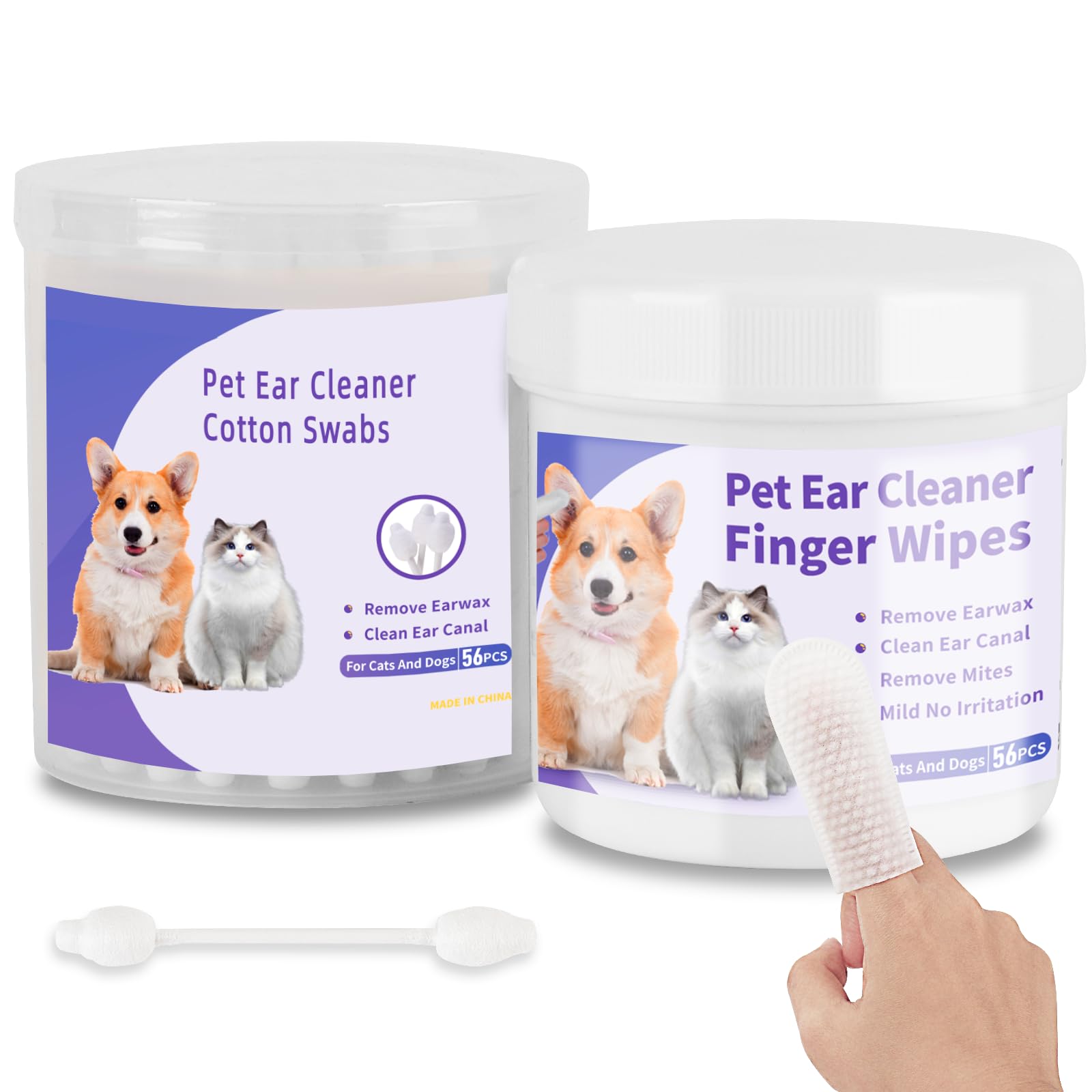 VIVAALI Dog Ear Cleaner Set Dog Ear Wipes with Cotton Swabs, Each 56pcs ...