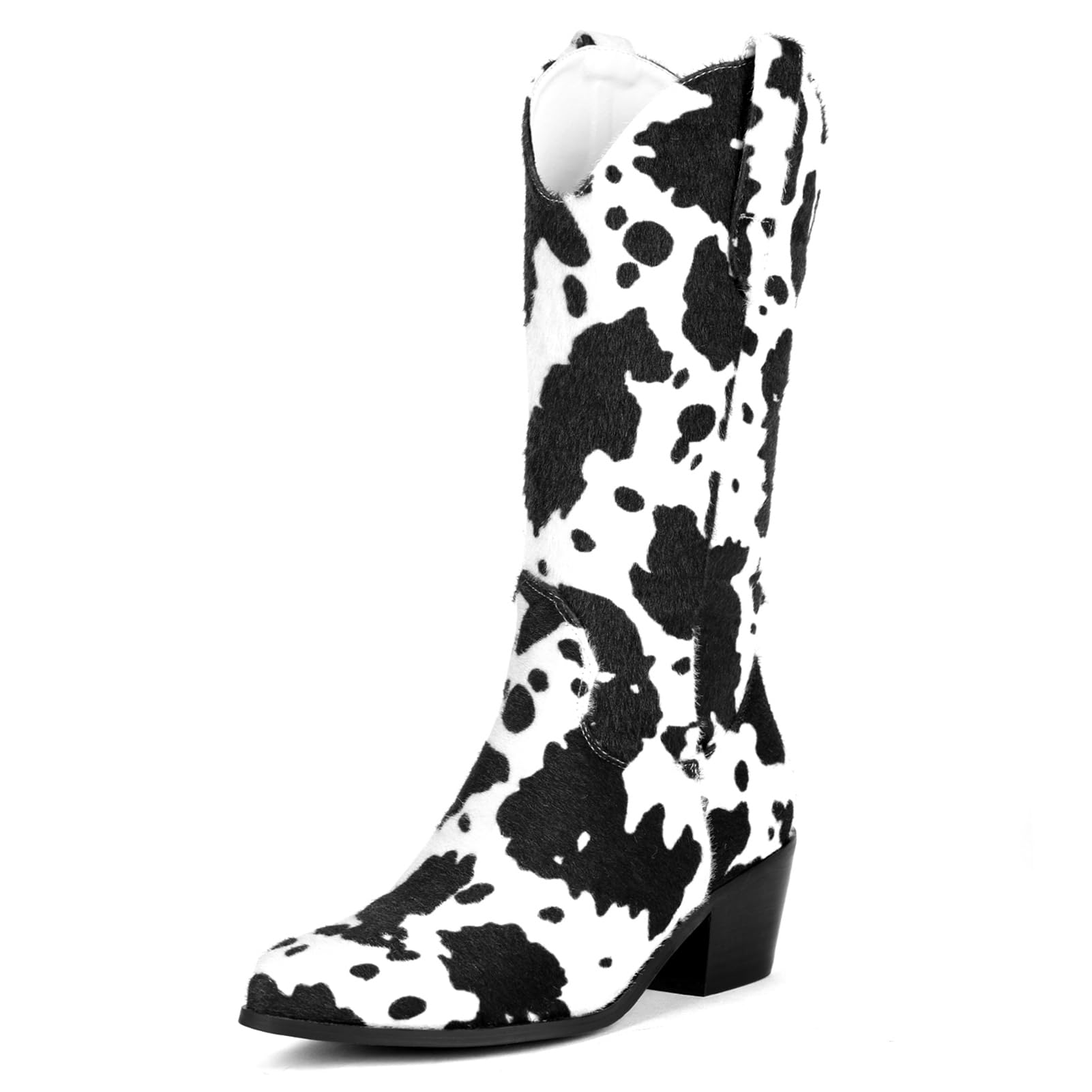 Cozivwaiy Women Cow Print Cowgirl Boots Chunky Heel Half Shoes Pointed ...