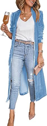 Women's Long Velvet Cardigan Jacket Lapel Collar Open Front Vintage ...
