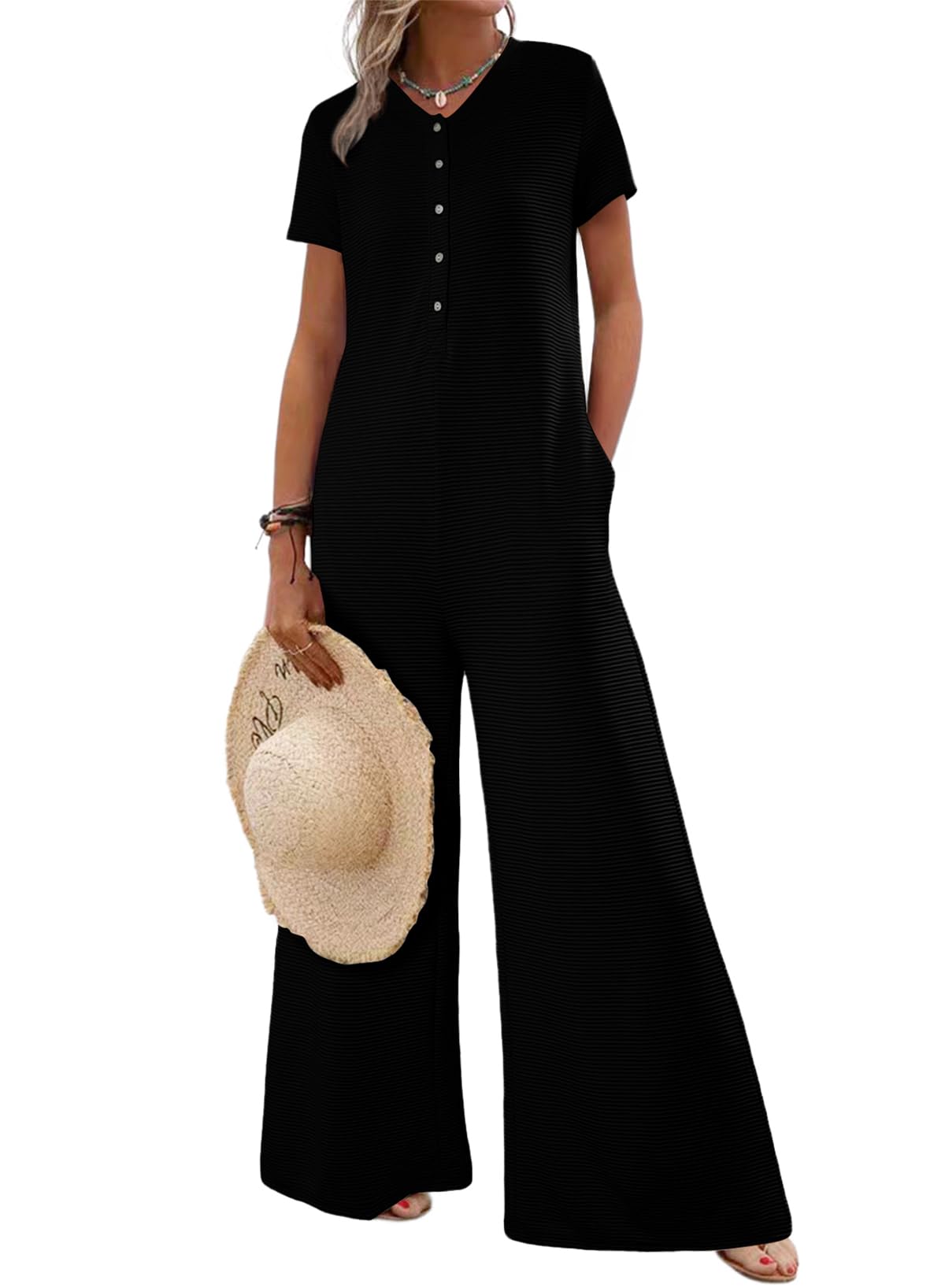 BLENCOT Casual Striped Short Sleeve Jumpsuits Rib Knit Wide Leg Romper ...