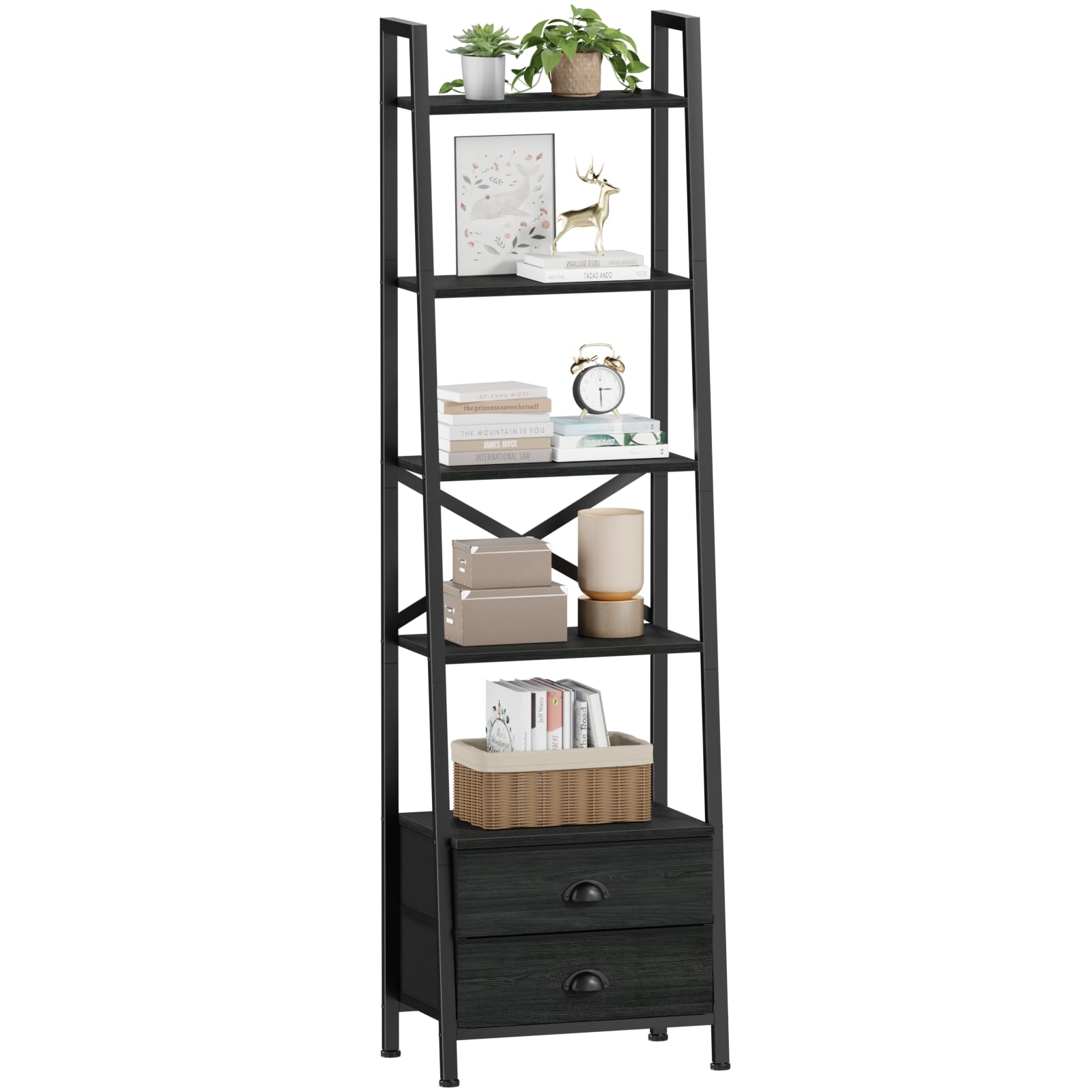 Furologee 5-Tier Ladder Shelf with 2 Drawers,Narrow Bookshelf Storage ...