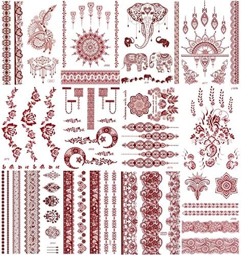 12 Sheets QUEENY Large Henna Temporary Tattoo Stickers for Women Girls ...
