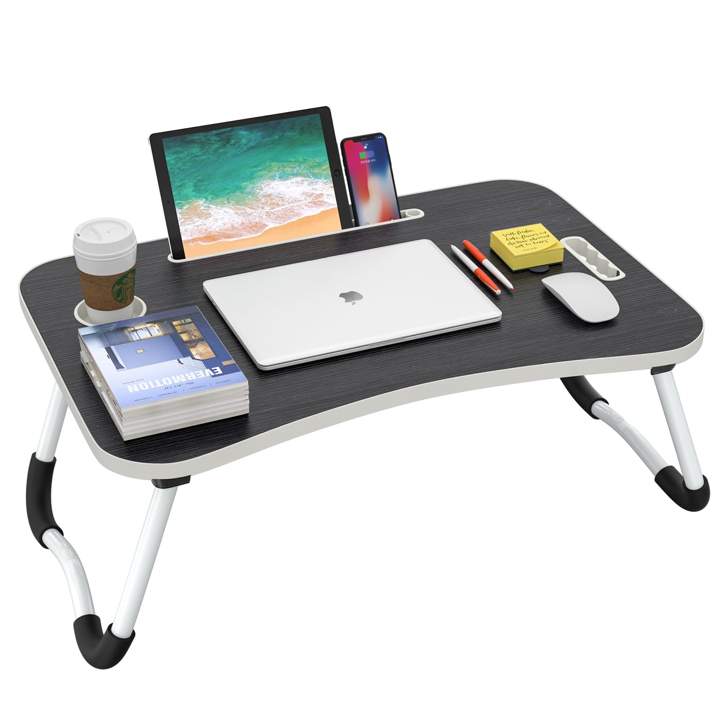 BUYIFY Folding Lap Desk, 23 Inch Portable Wood Deep Black Laptop Bed ...
