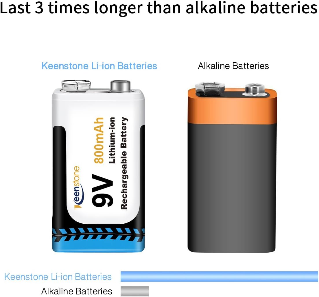 9V 800mAh Rechargeable Batteries and Charger, Keenstone 9V PP3 Lithium ...
