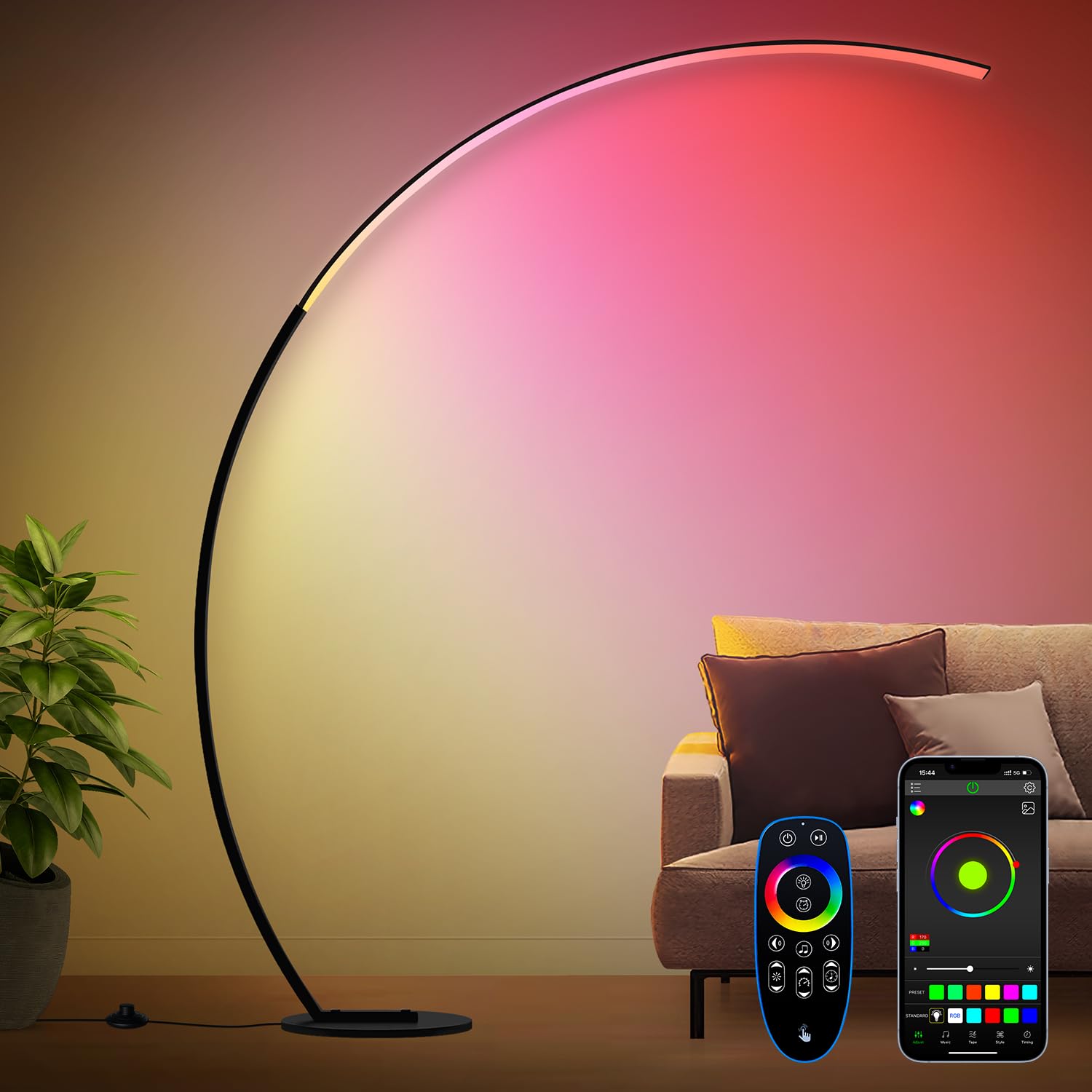 RGB Floor Lamp with 3 Color Temperatures, Ultra Bright 1800LM Smart Arc ...