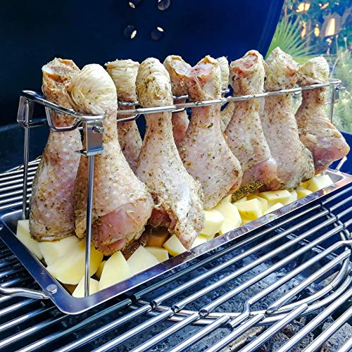 Chicken Leg Rack for Grill with Drip Tray - Easy to Use 12 Slots ...